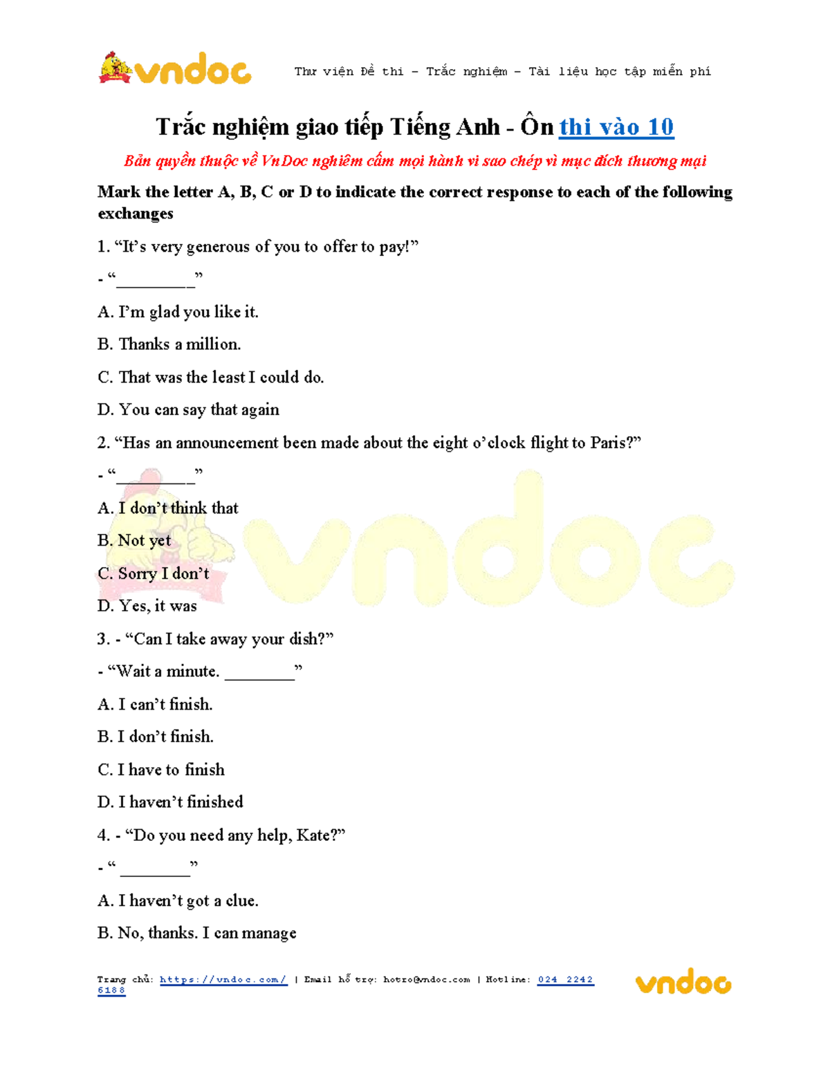 Trac nghiem giao tiep tieng anh on thi vao 10 - Trắc nghiệm giao tiếp ...