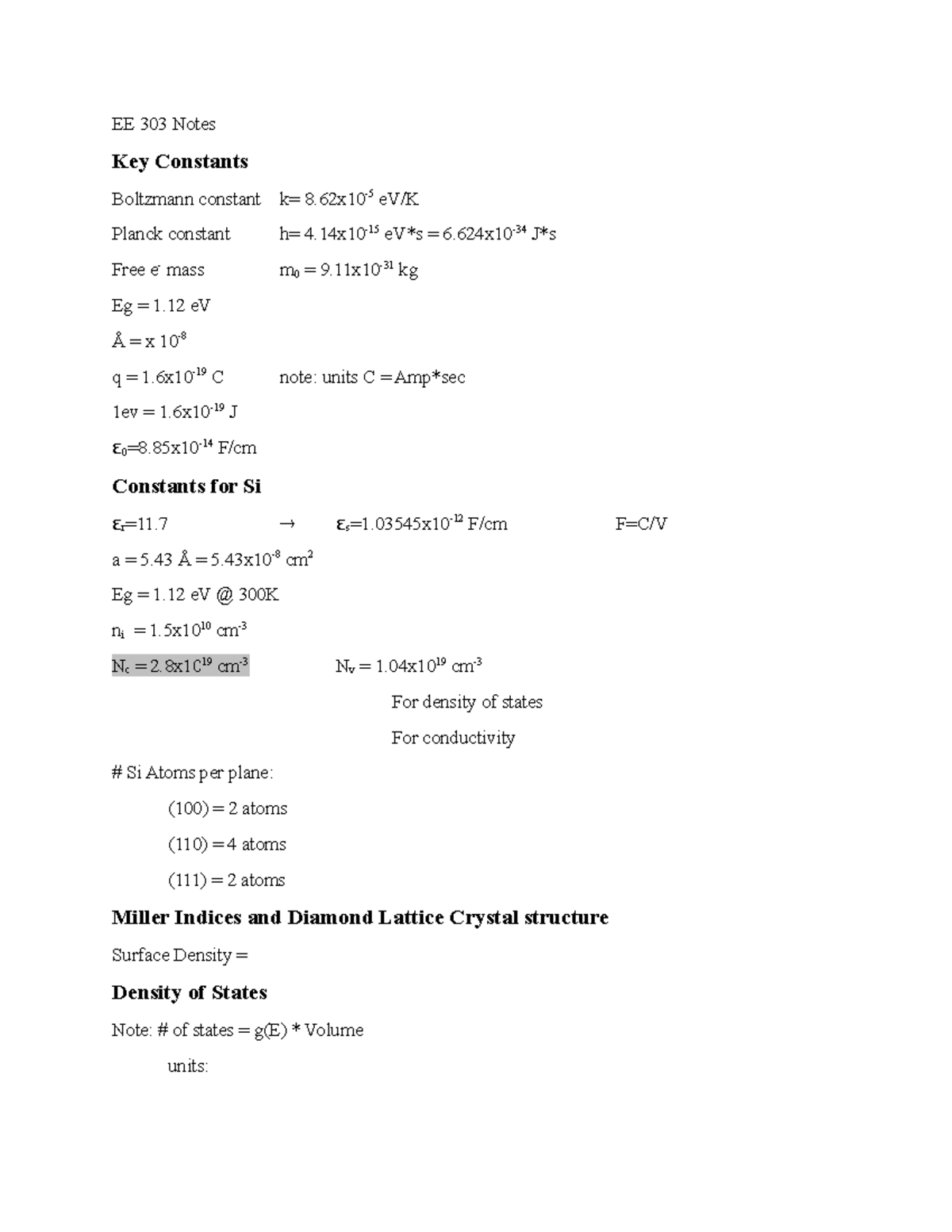 EE 303 Notes - Formula Sheet for An Introduction to Semiconductor ...
