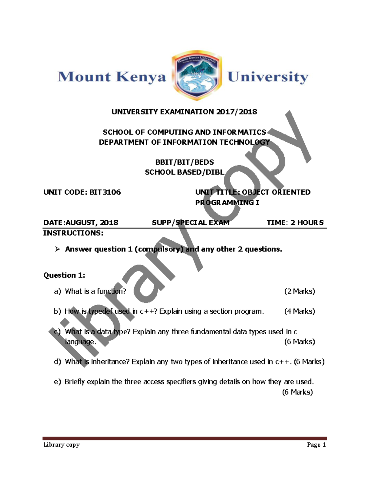 Bit3106 Object Oriented Programming Sb Supp Library Copy Page 1 University Examination 2017