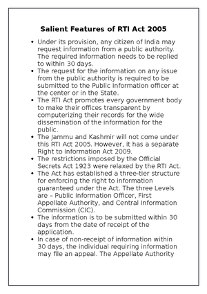 Introduction TO Right TO Information - RIGHT TO INFORMATION ACT 2005 The RTI Act of 2005 was ...