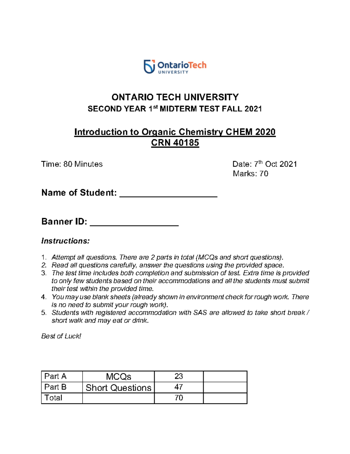 1st Midterm Test (solution) CHEM 2020 Fall 2021 - ONTARIO TECH ...