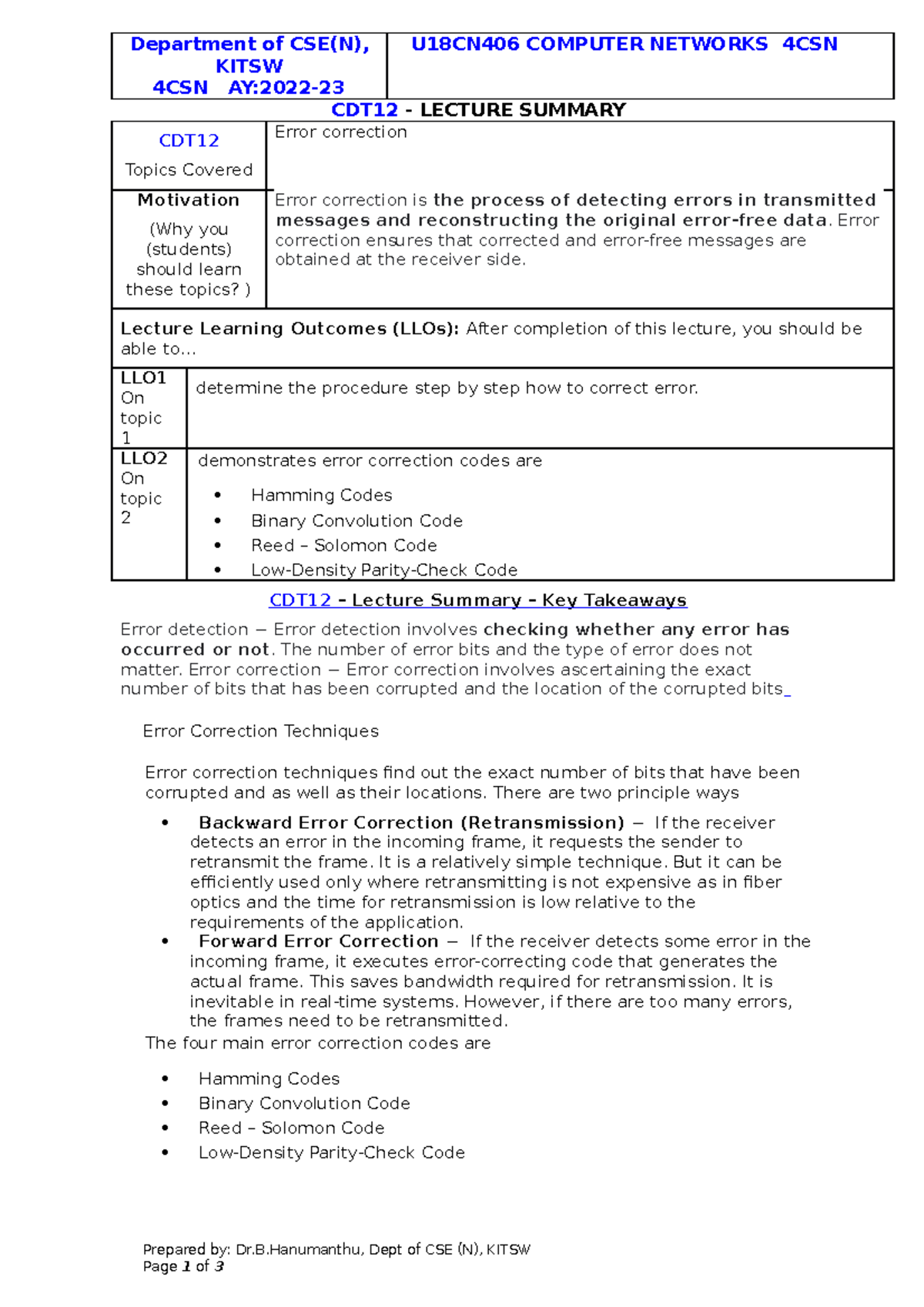 CN CDT12 - Error correction - Department of CSE(N), KITSW 4CSN AY:2022- U18CN406 COMPUTER ...
