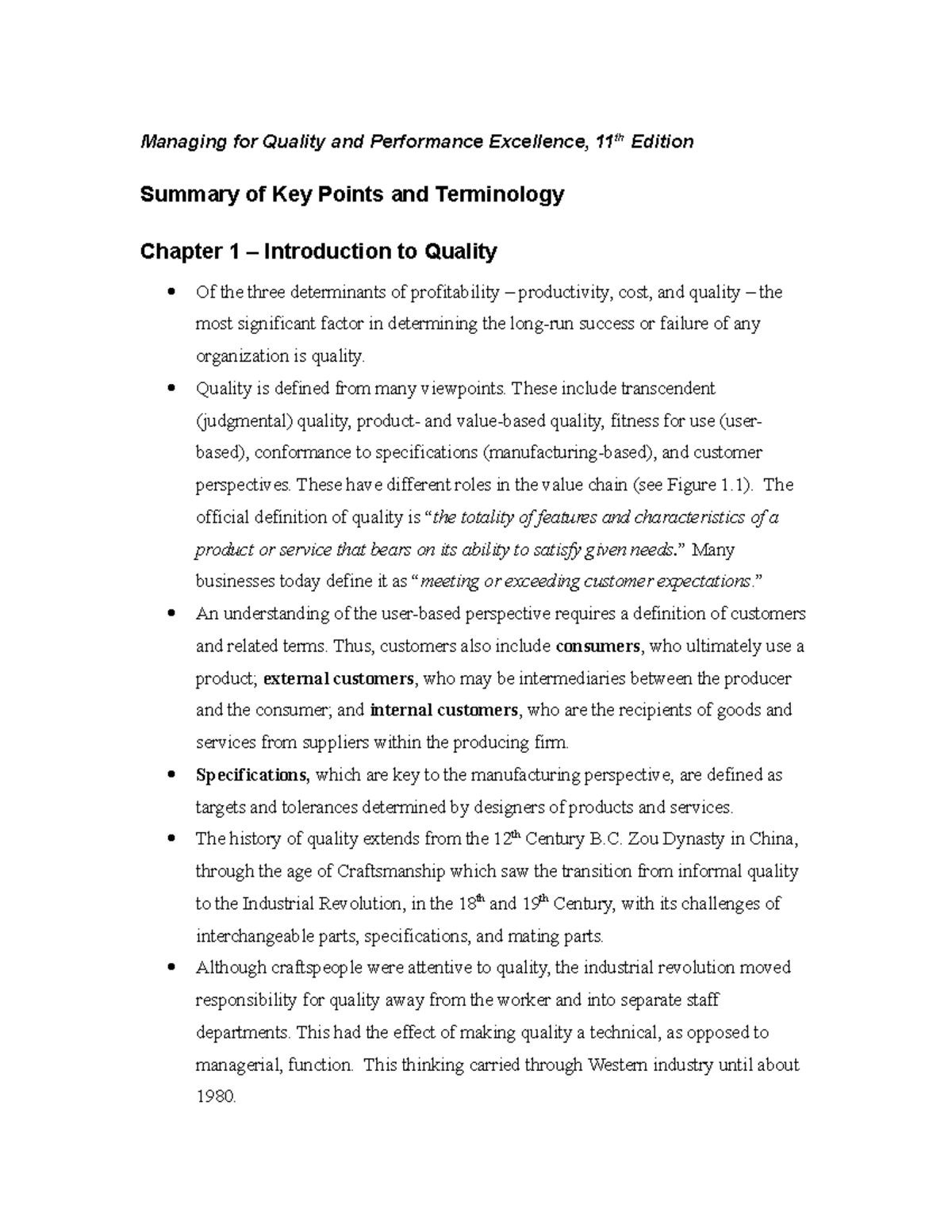 Summary of Key Points and Terminology - Chapter 1 - Quality is defined ...