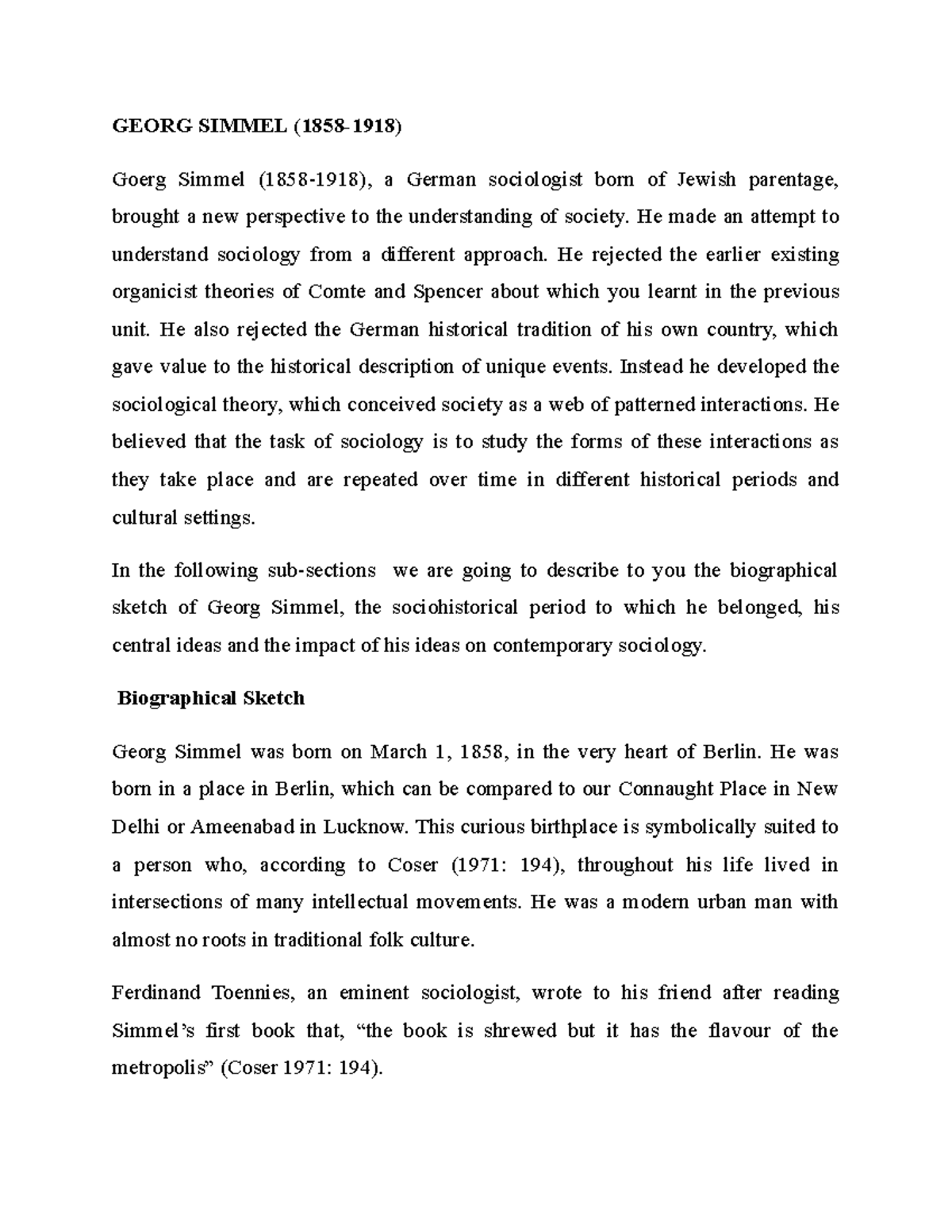 Georg Simmel - GEORG SIMMEL (1858-1918) Goerg Simmel (1858-1918), a ...