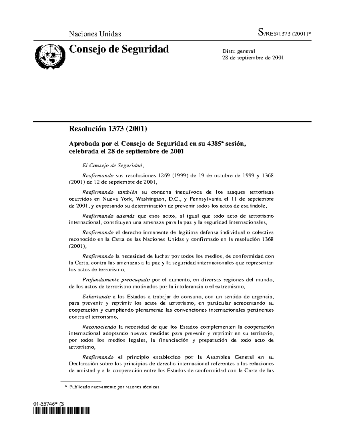 La resolución 1373 del 2001 - Naciones Unidas S/RES/1373 (2001 ...
