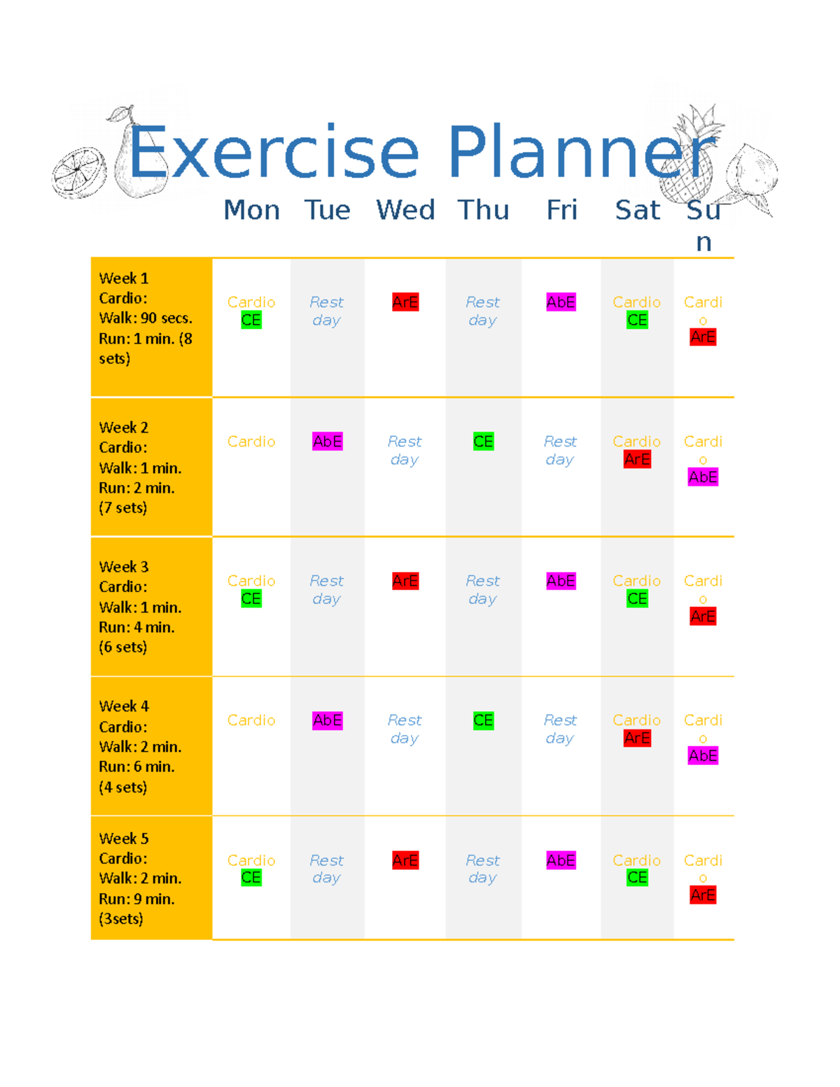 Physical Education - Exercise Planner Mon Tue Wed Thu Fri Sat Su n Week ...