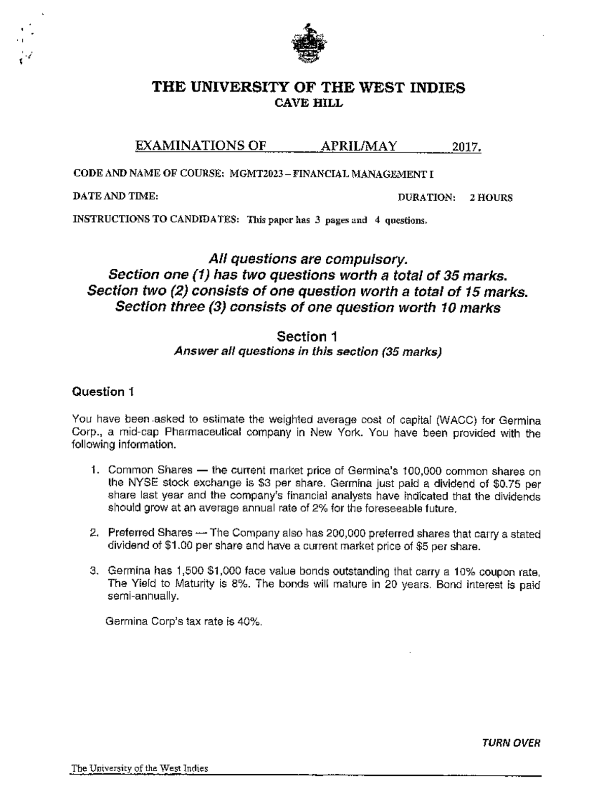 MGMT20232017 20 - Past paper from Cave Hill - Financial Management ...