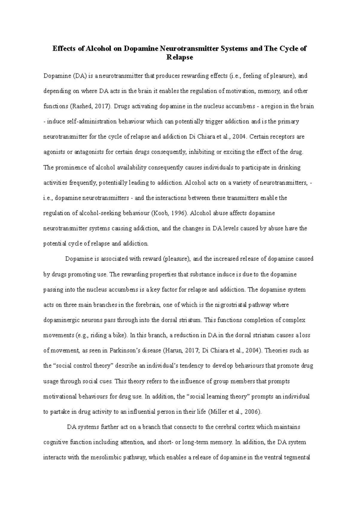 Psychology of Addiction - Effects of Alcohol on Dopamine ...