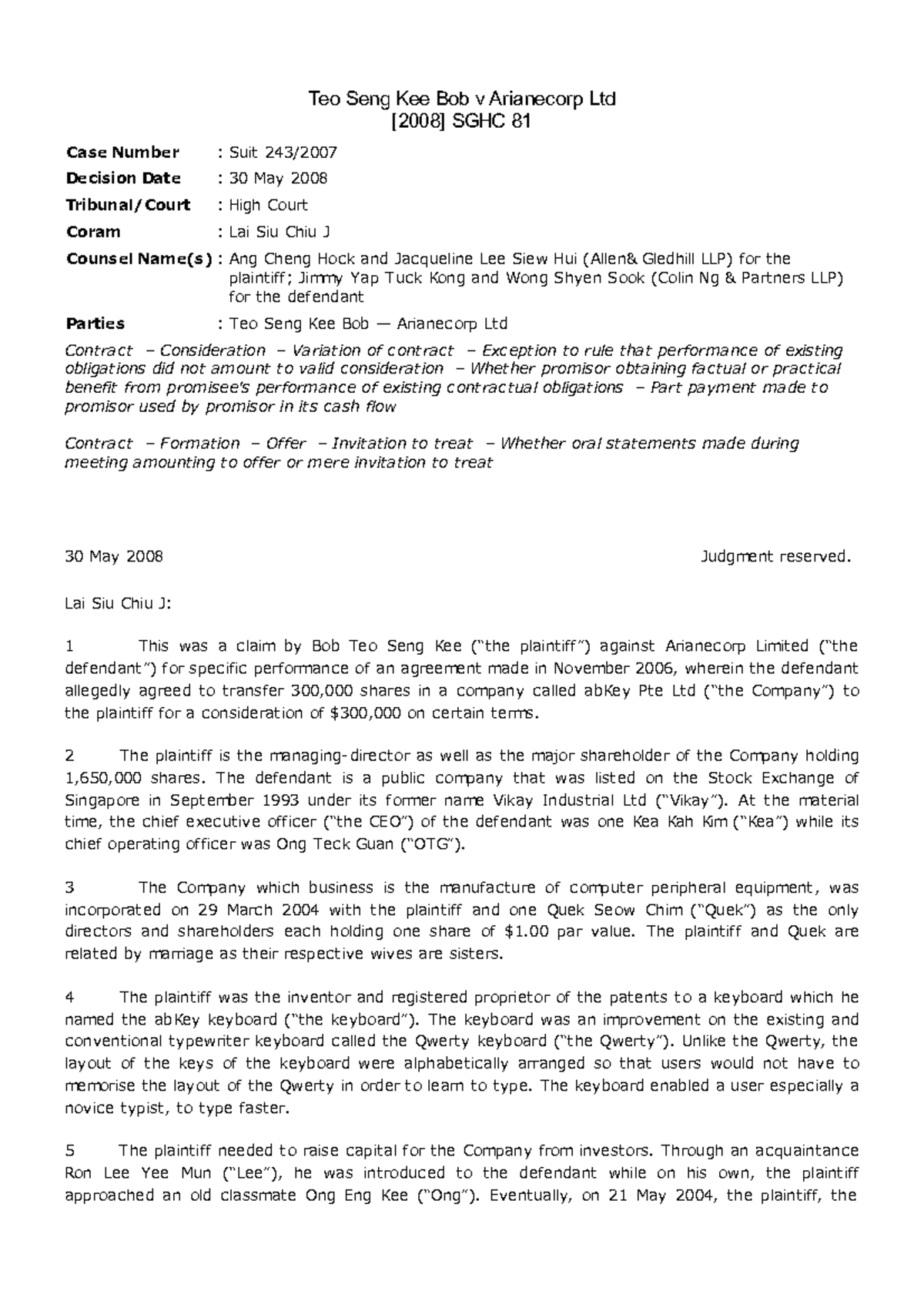 (3a) Teo Seng Kee Bob v Arianecorp Ltd [2008 ] SGHC 81 - Teo Seng Kee ...