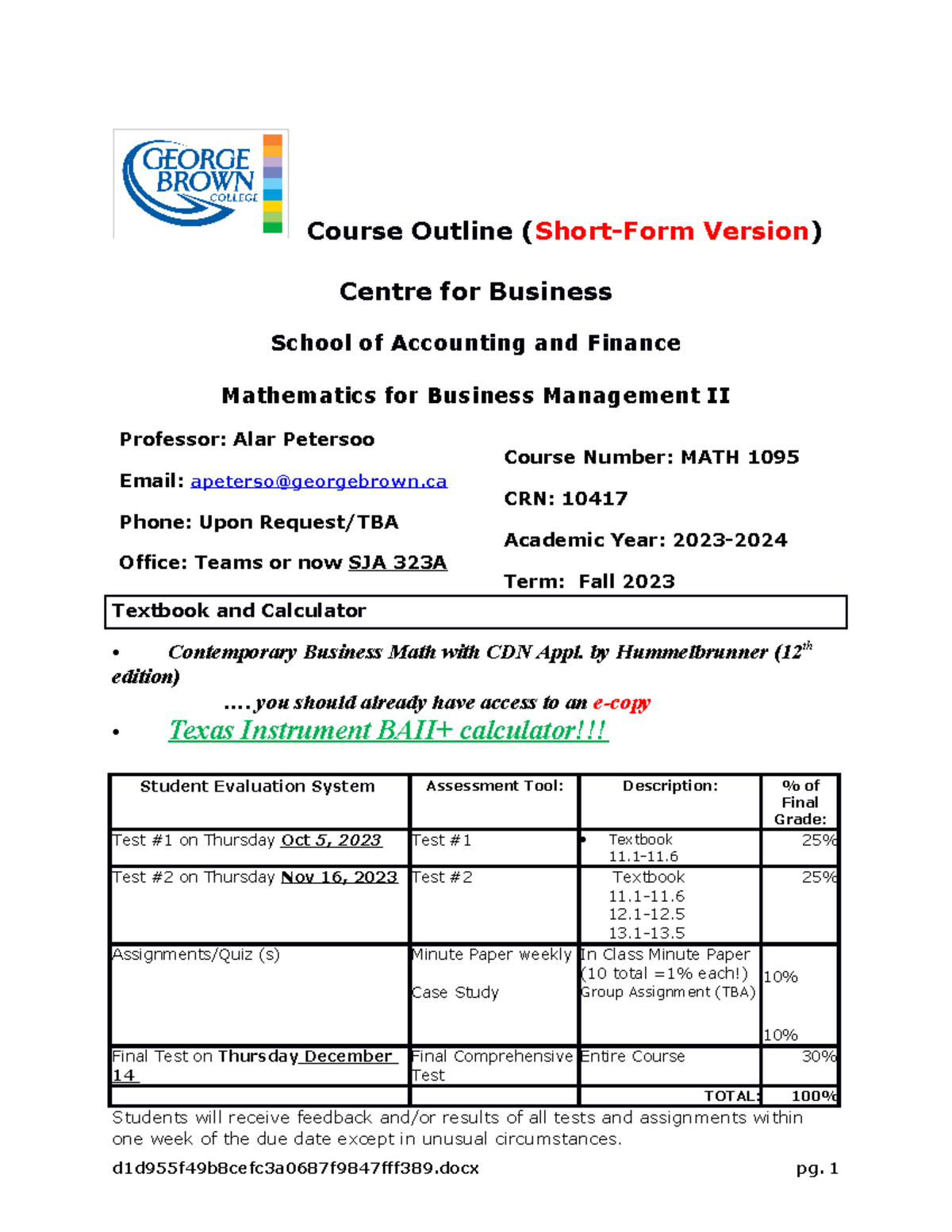 MATH1095 - Course outline (Fall2023-In Class) - Course Outline (Short ...