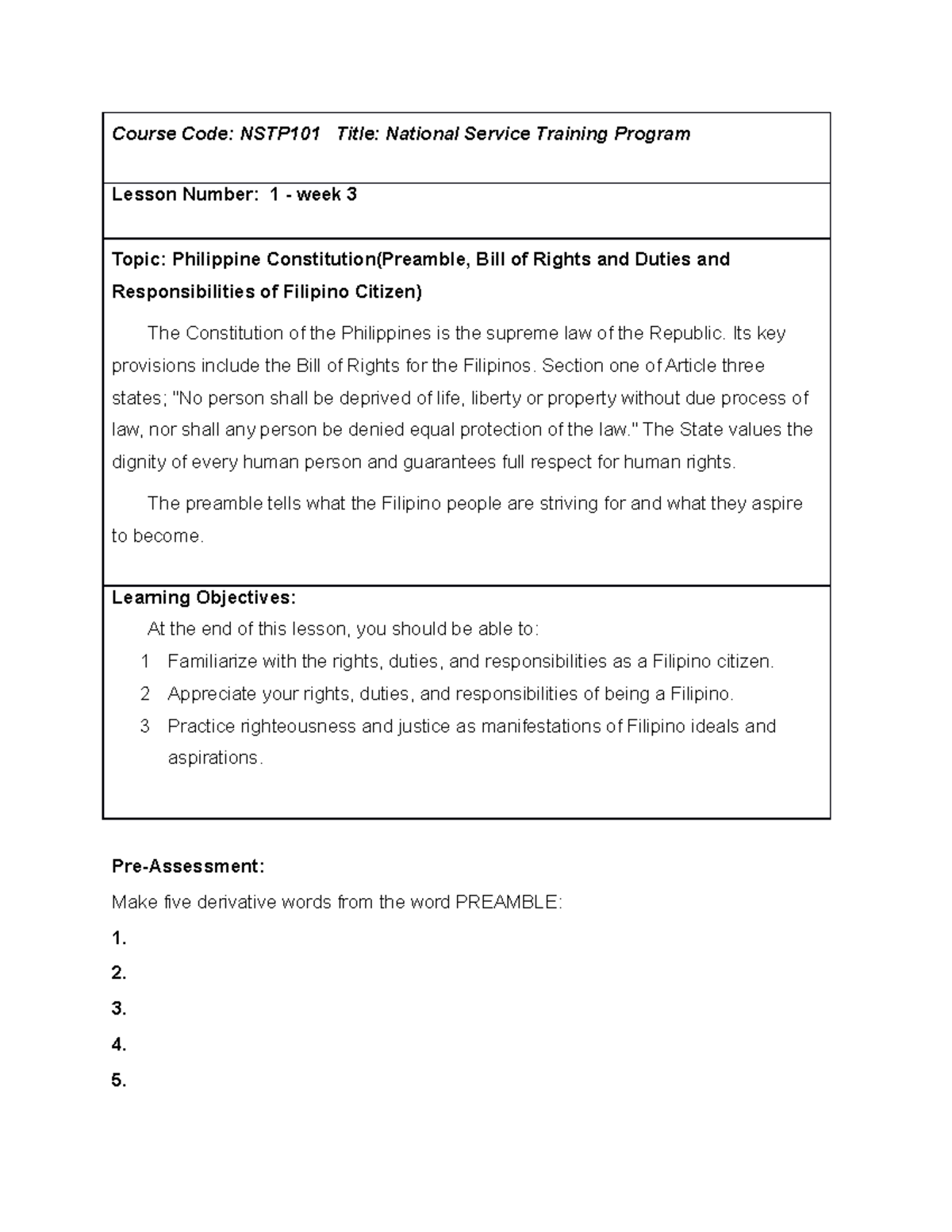 Lesson 1 Week 3 - Nstp - Course Code: NSTP101 Title: National Service ...