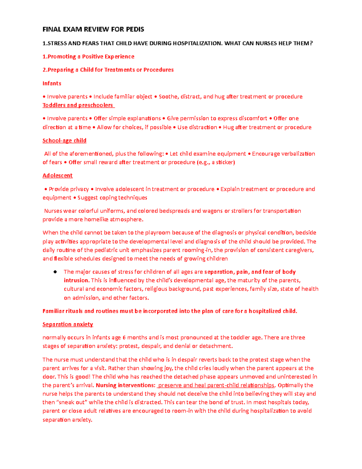 PEDS Review - FINAL EXAM REVIEW FOR PEDIS 1 AND FEARS THAT CHILD HAVE ...