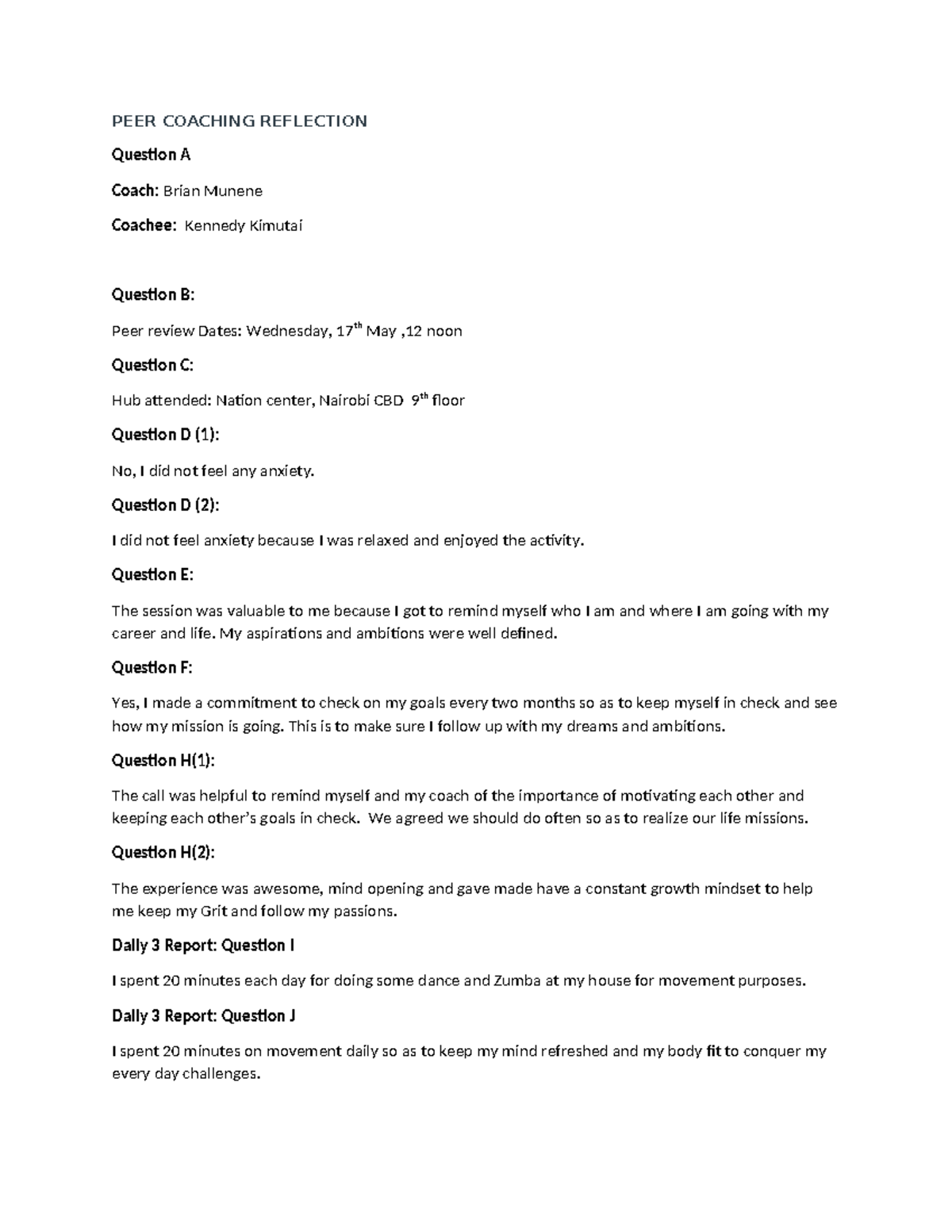 Peer Review - revision - PEER COACHING REFLECTION Question A Coach ...