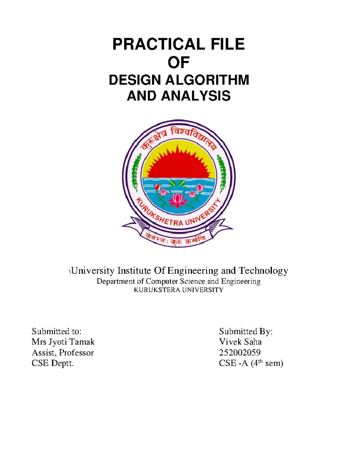 252002 059 Vivek Saha Daa File Practical File Of Design Algorithm And Analysis University