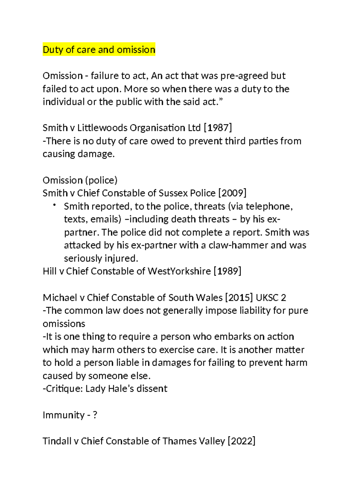 Duty of care and omission notes - Duty of care and omission Omission ...