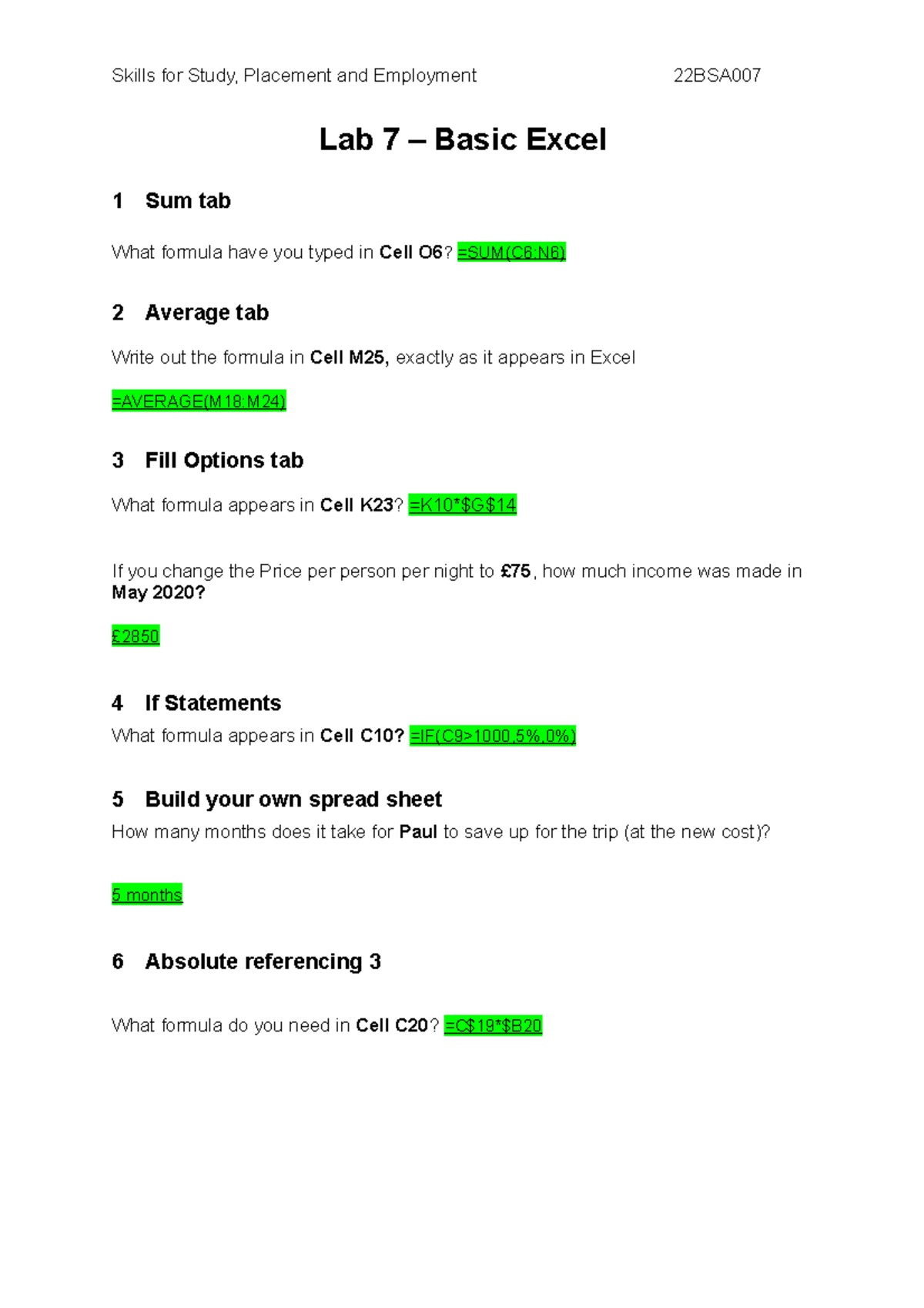 Lab 7 - Basic Excel worksheet answers - Skills for Study, Placement and ...