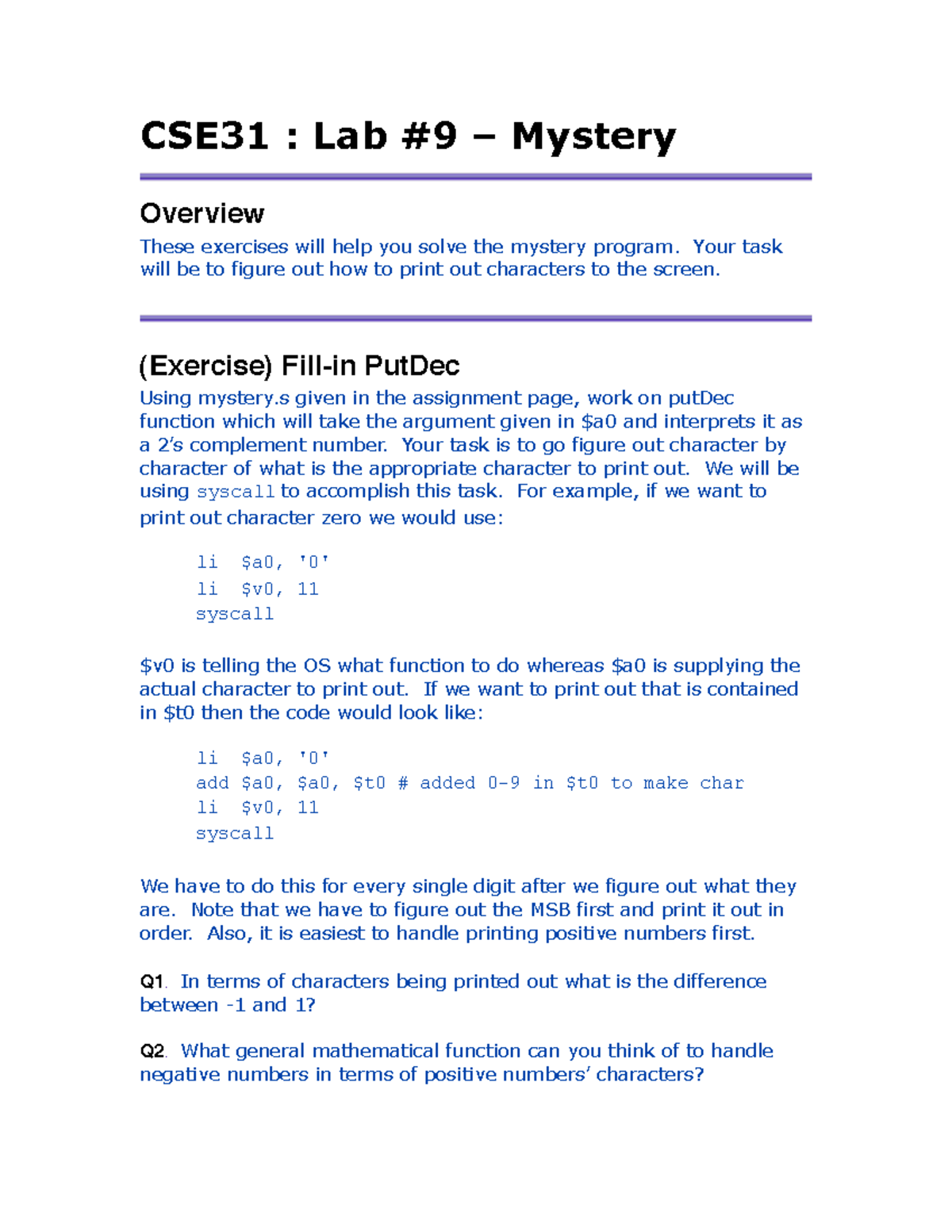 CSE31 lab09 - Instructor: Chi Yan Leung - CSE31 : Lab #9 – Mystery Overview These exercises will ...