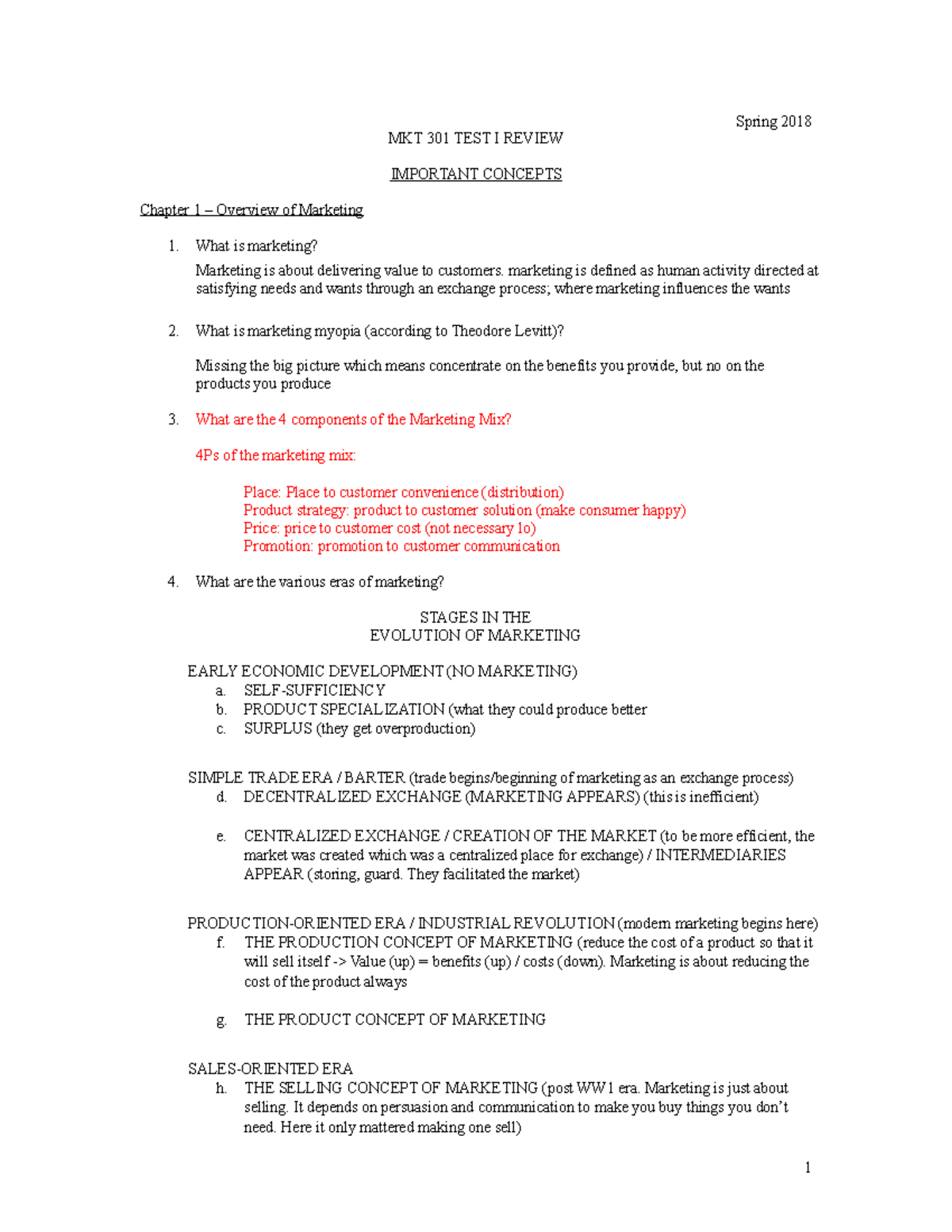 MKT301Test 1 Review - Lecture notes 1-4 - Spring 2018 MKT 301 TEST I ...