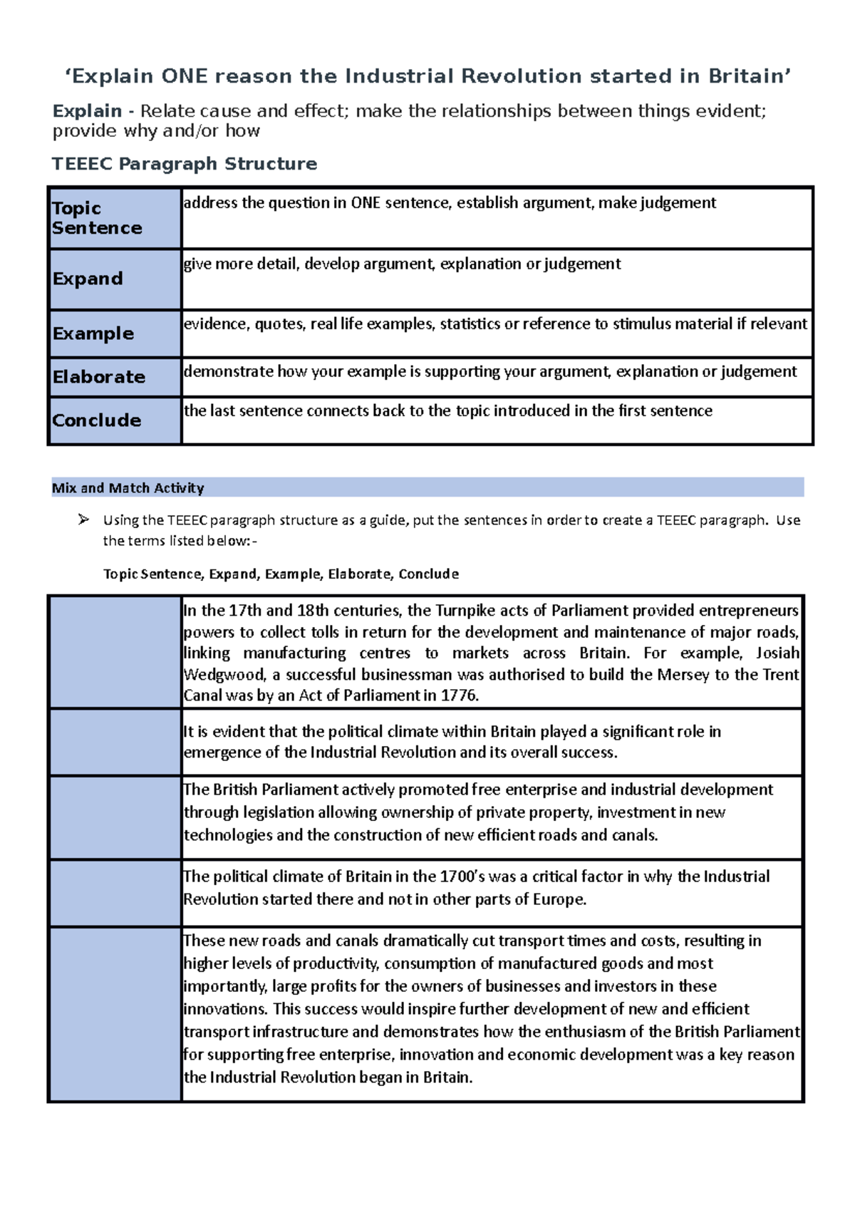 Mix and match - Industrial Revolution-2 - ‘Explain ONE reason the ...