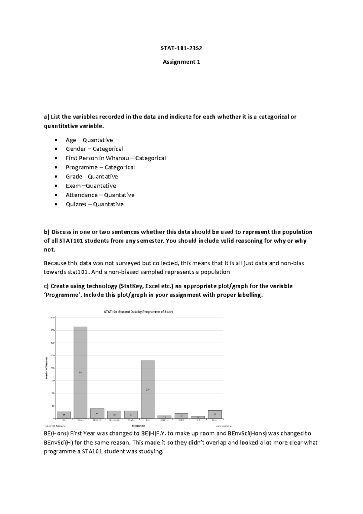 STAT 101 Assignment 1 - STAT- 101 - 23S Assignment 1 a) List the ...