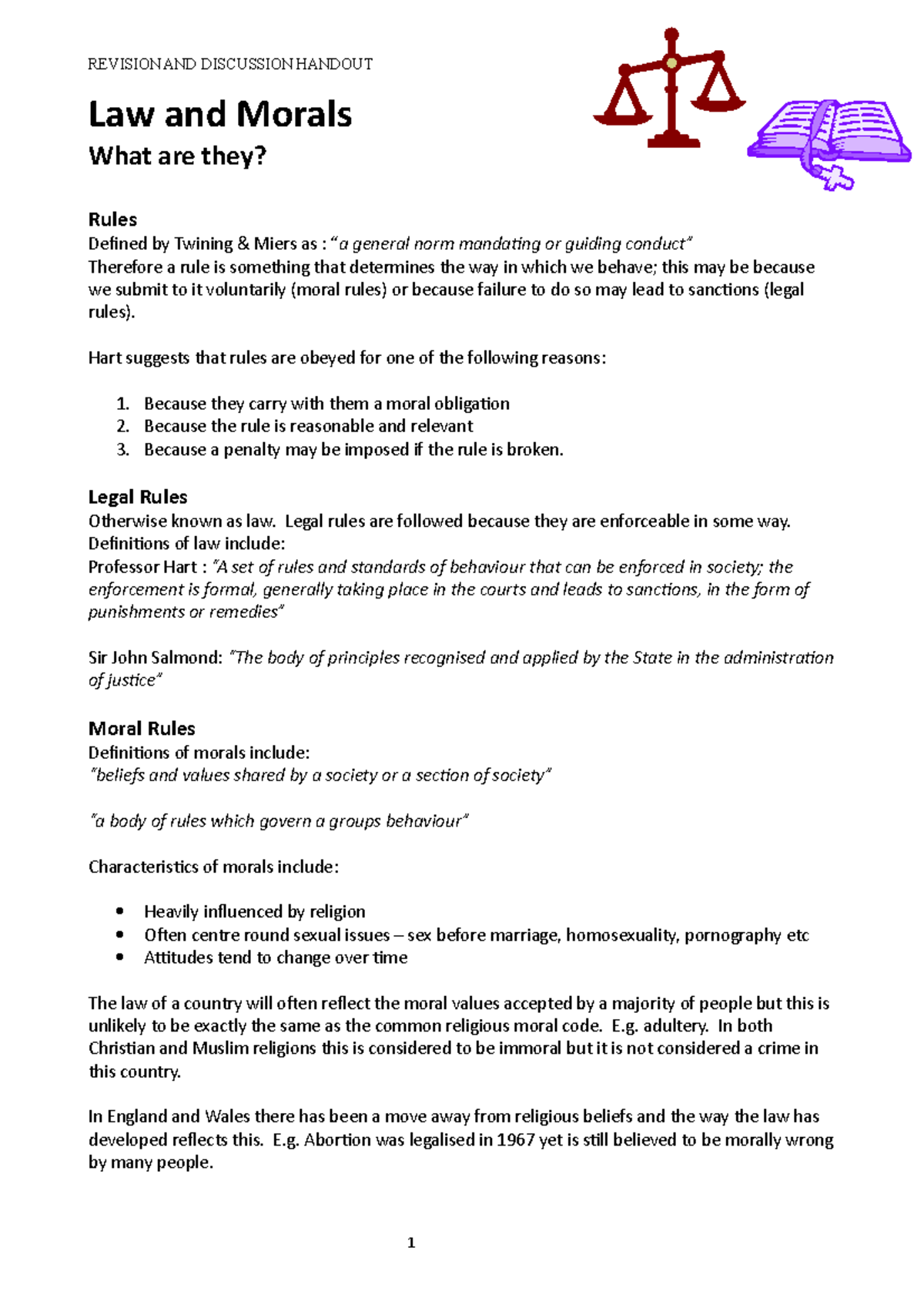 Law and Morality handout Revision - Law and Morals What are they? Rules ...