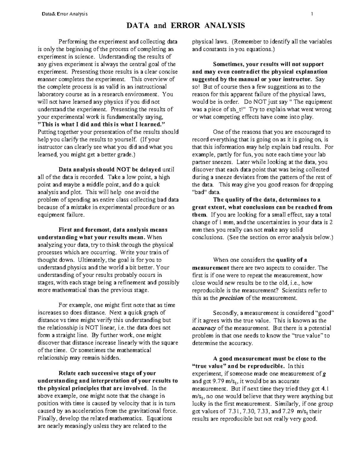 Uncertainty, Error, and Data Analysis - Error Analysis 1 DATA and ERROR ...