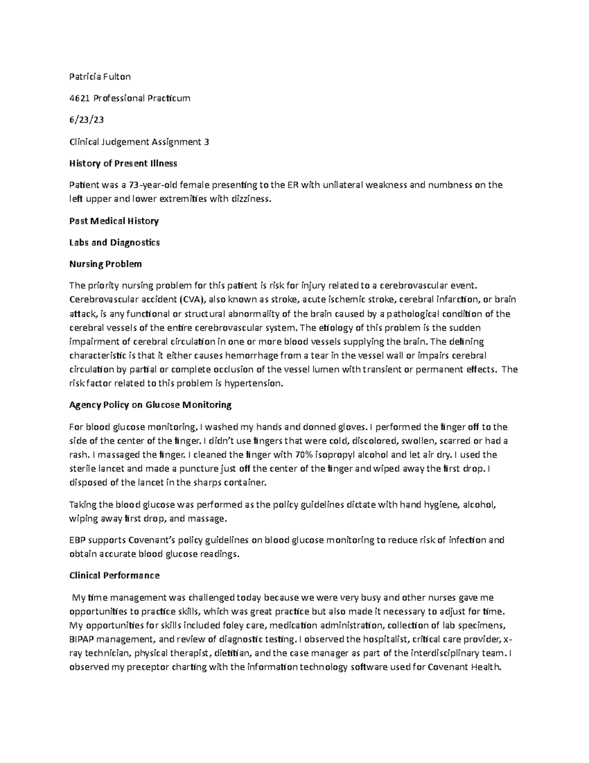 Clinical Judgement Assignment 3 - Patricia Fulton 4621 Professional ...