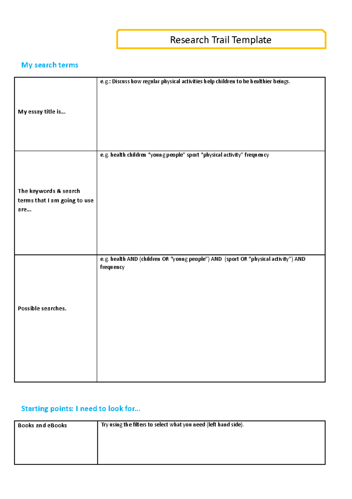 Research Trail Templateworkbook - My search terms My essay title is ...