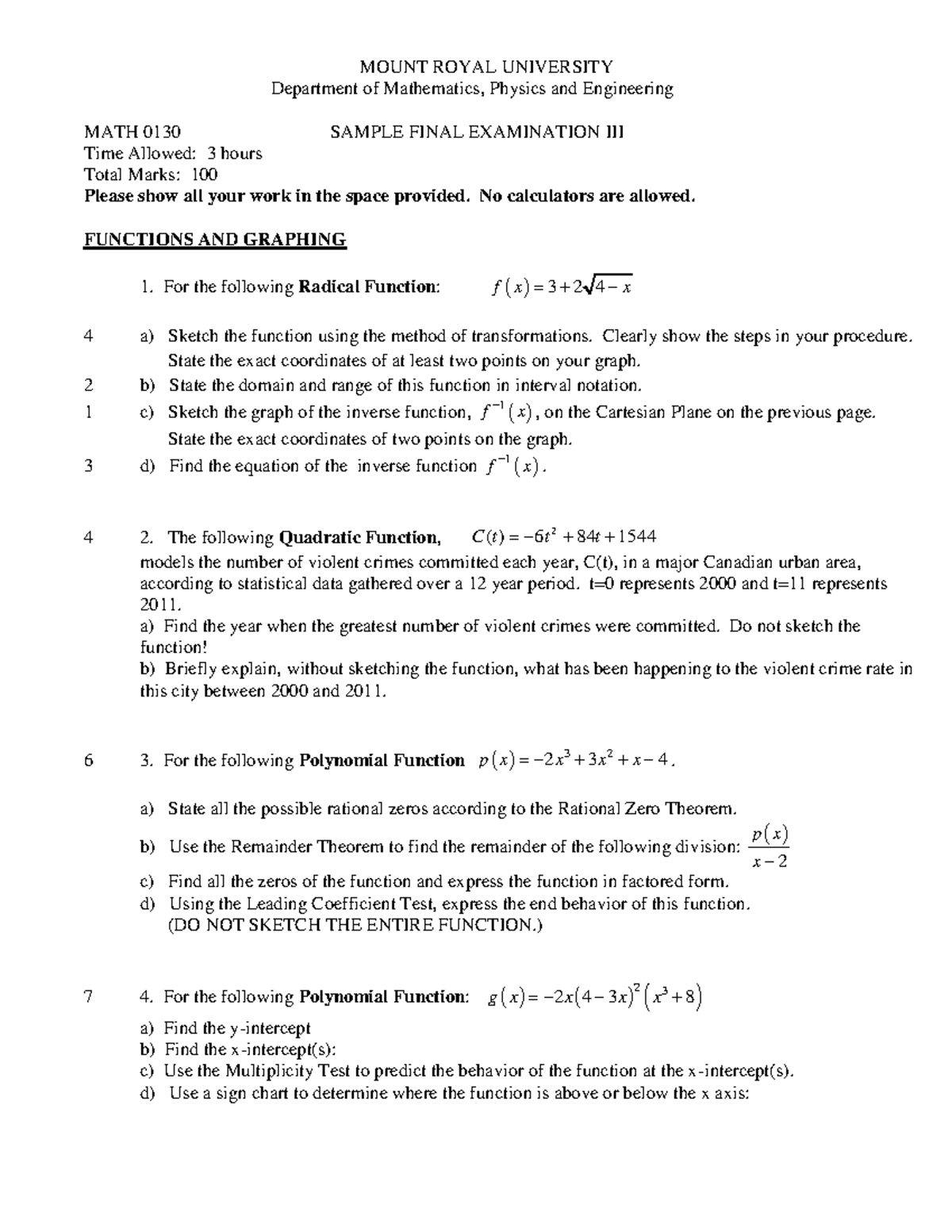 Sample Final Exam III(1)(1) - MOUNT ROYAL UNIVERSITY Department of ...