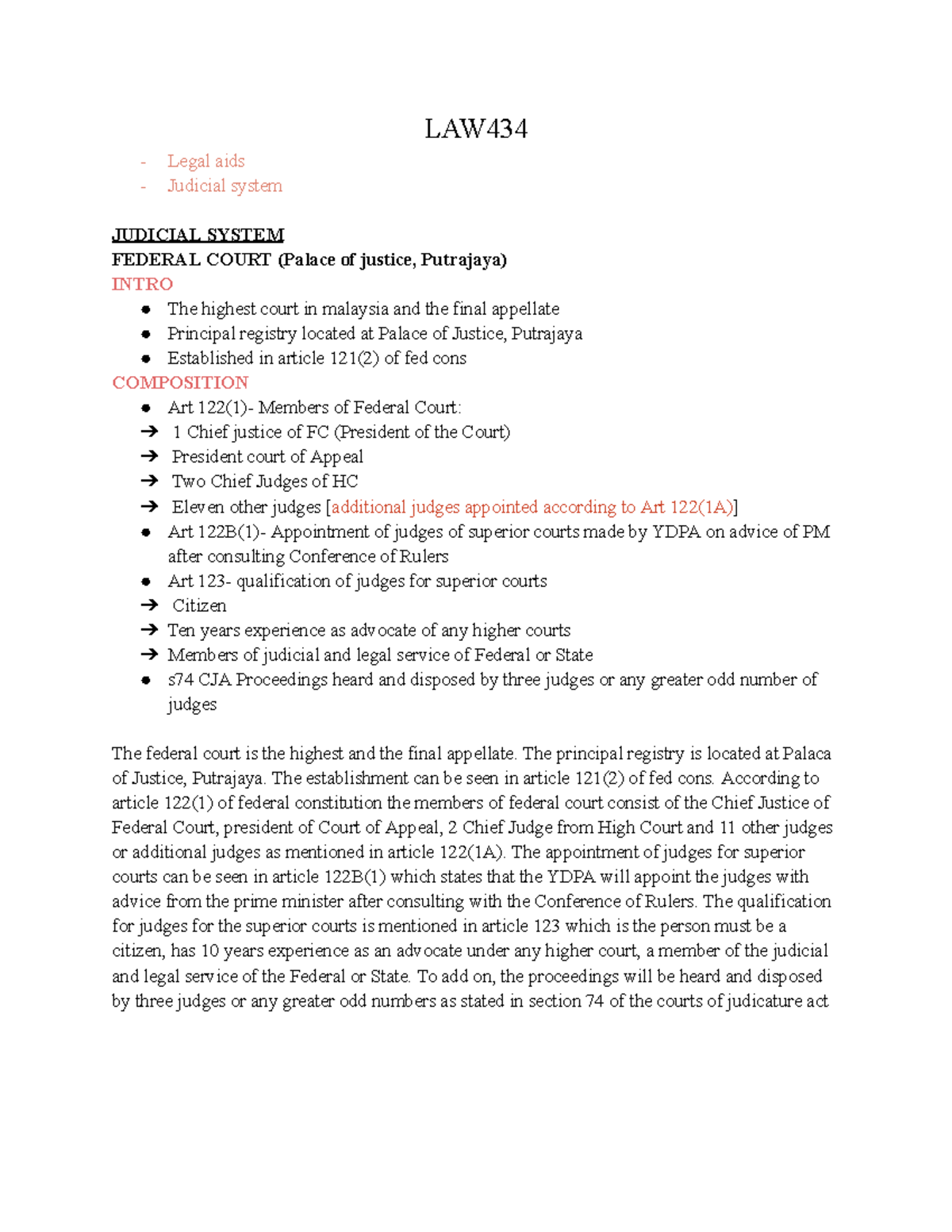 LAW434 Notes - LAW Legal aids Judicial system JUDICIAL SYSTEM FEDERAL ...
