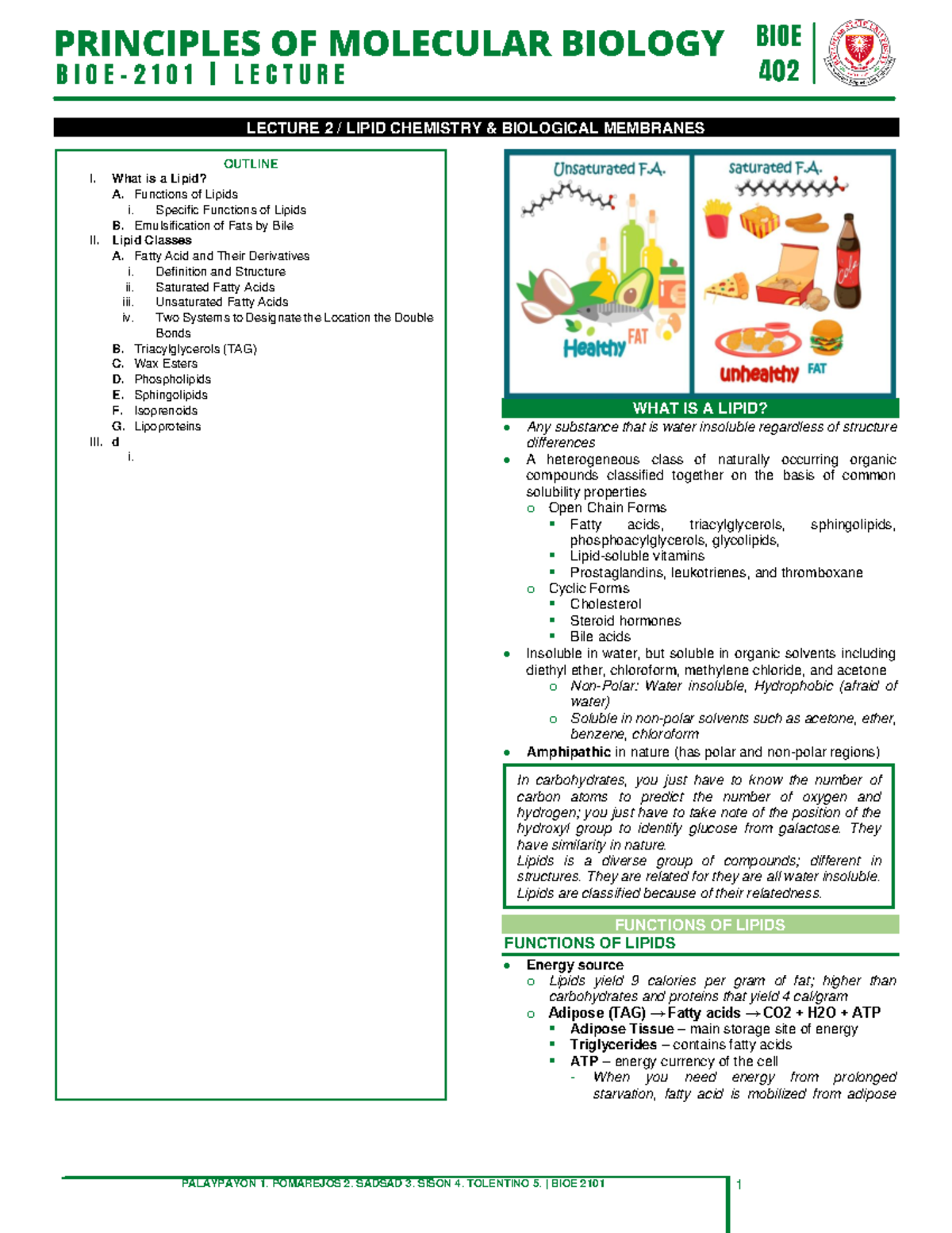 [Bio E 402] Mol Bio Lecture 2 - LECTURE 2 / LIPID CHEMISTRY ...