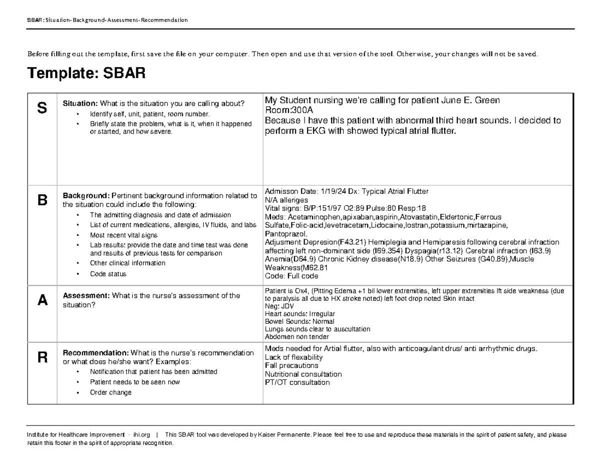SBAR4 - FUND SBAR - SBAR: Situation-Background-Assessment ...