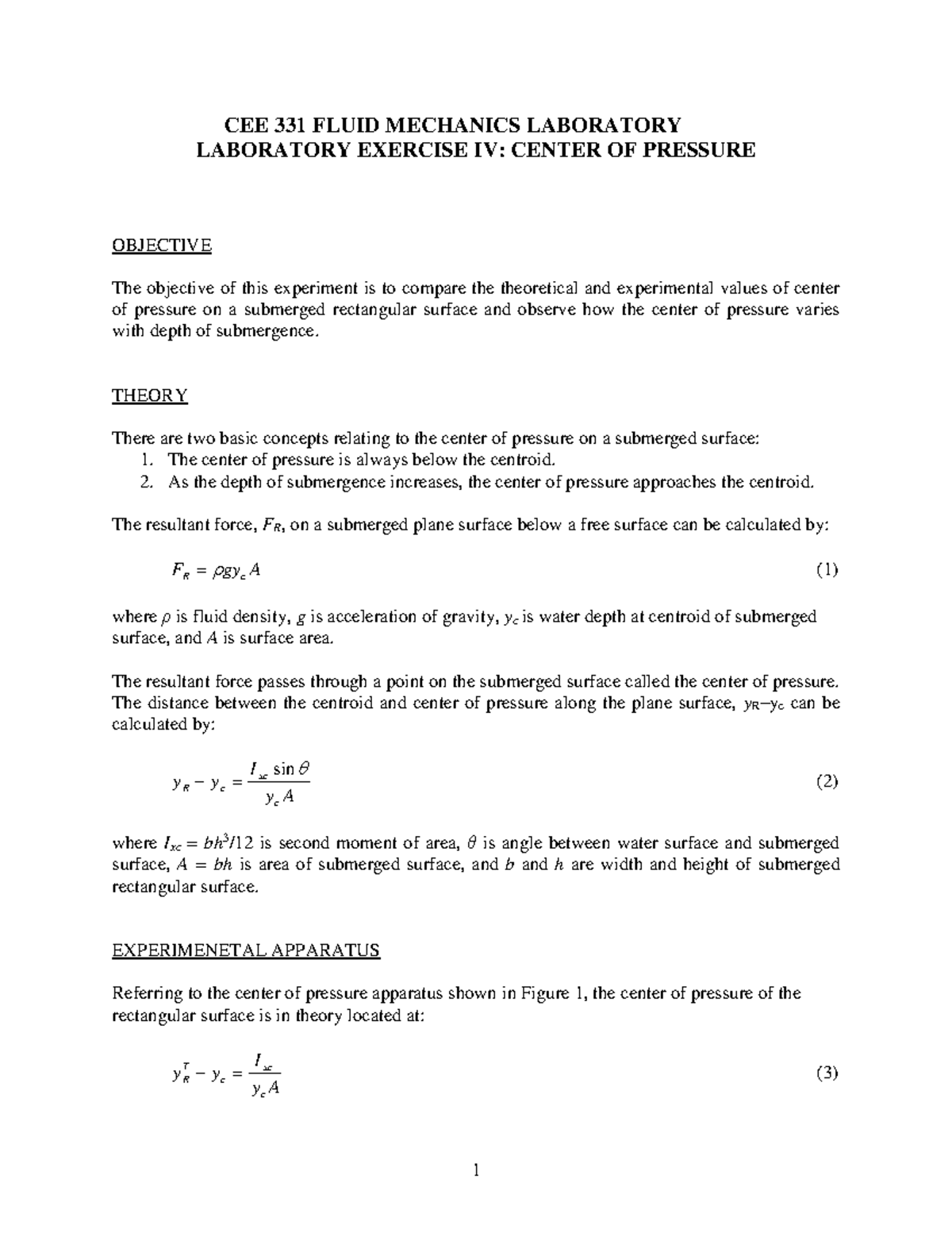 Center of Pressure - CEE 331 FLUID MECHANICS LABORATORY LABORATORY ...