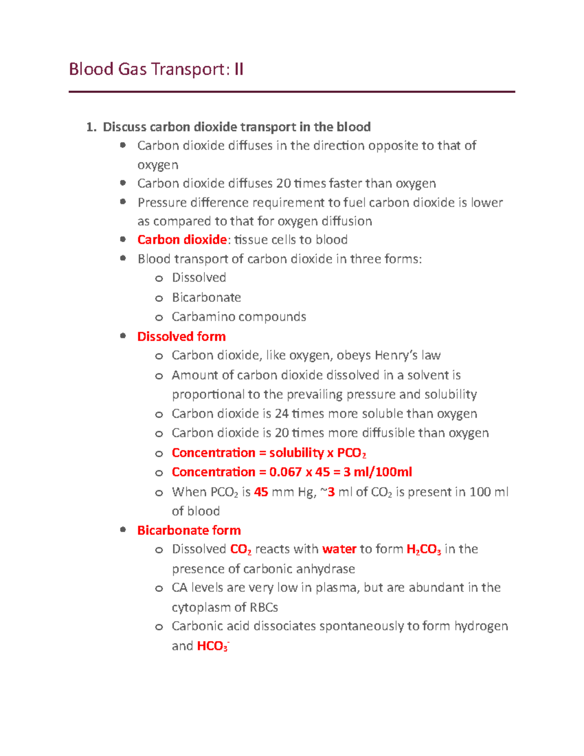 Blood Gas Transport - II - Blood Gas Transport: II Discuss carbon ...