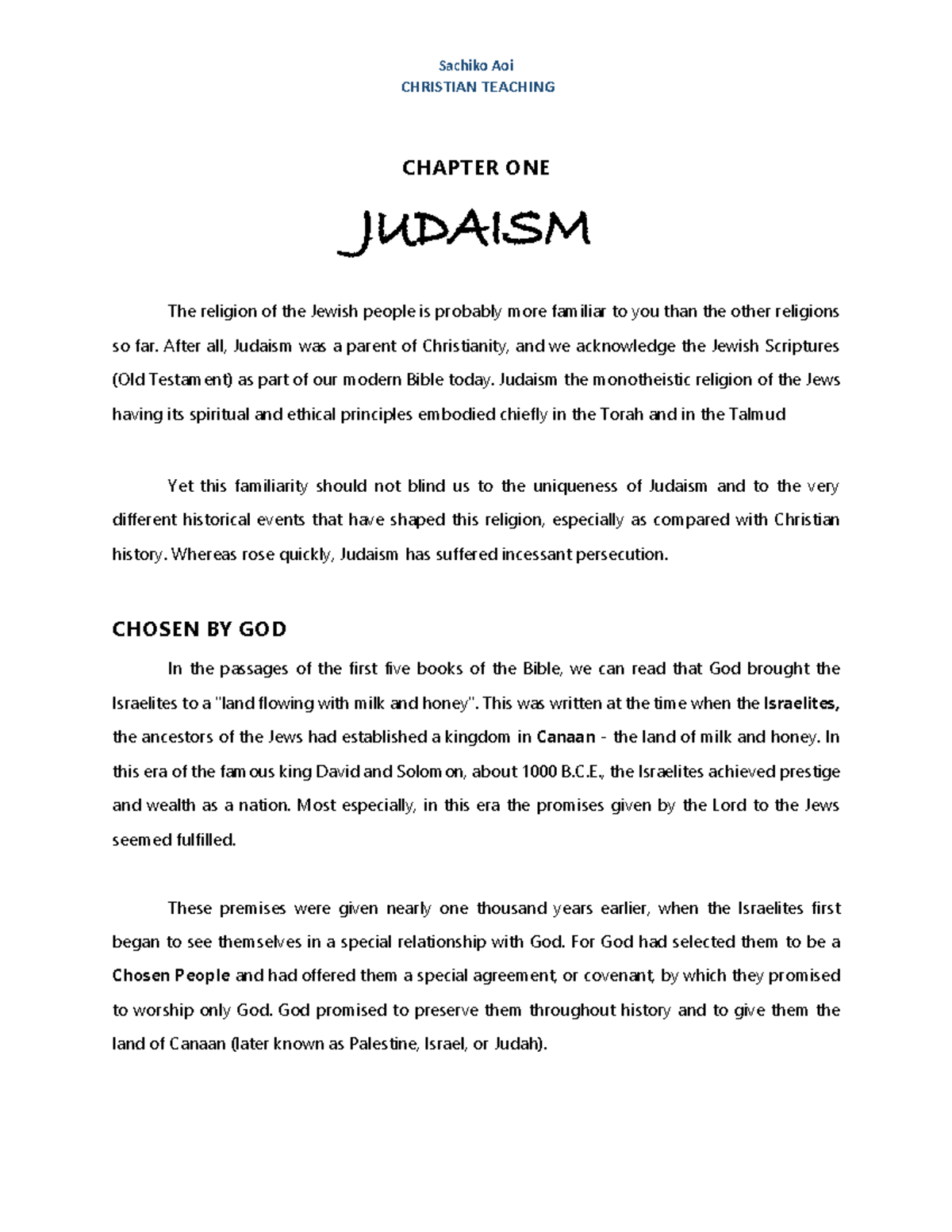 Judaism - CHRISTIAN TEACHING CHAPTER ONE JUDAISM The religion of the ...