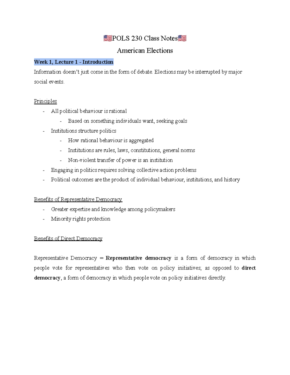 POLS 230 Notes - 󰑔POLS 230 Class Notes󰑔 American Elections Week 1 ...