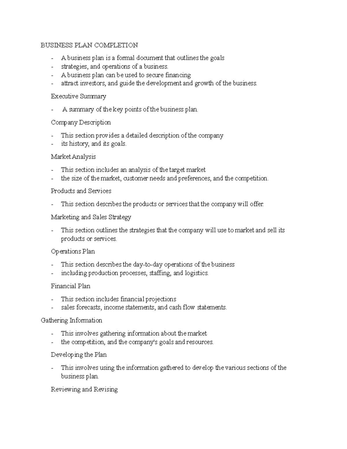 Business PLAN Completion Notes 1 - BUSINESS PLAN COMPLETION A business ...