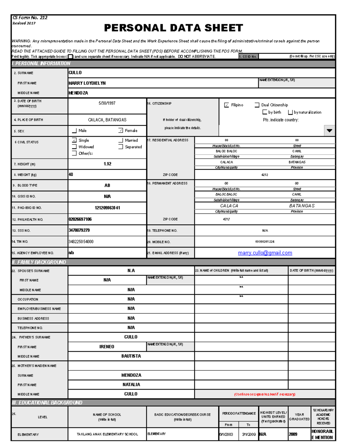 Marry Loydielyn Cullo Personal DATA Sheet - Print legibly. Tick ...
