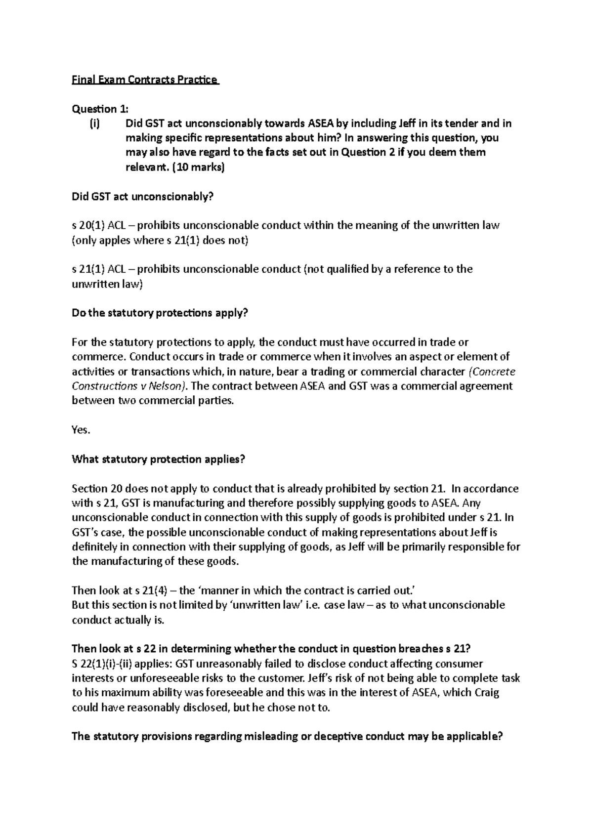 Final Exam Contracts Practice - Final Exam Contracts Practice Question 1: (i) Did GST act - Studocu