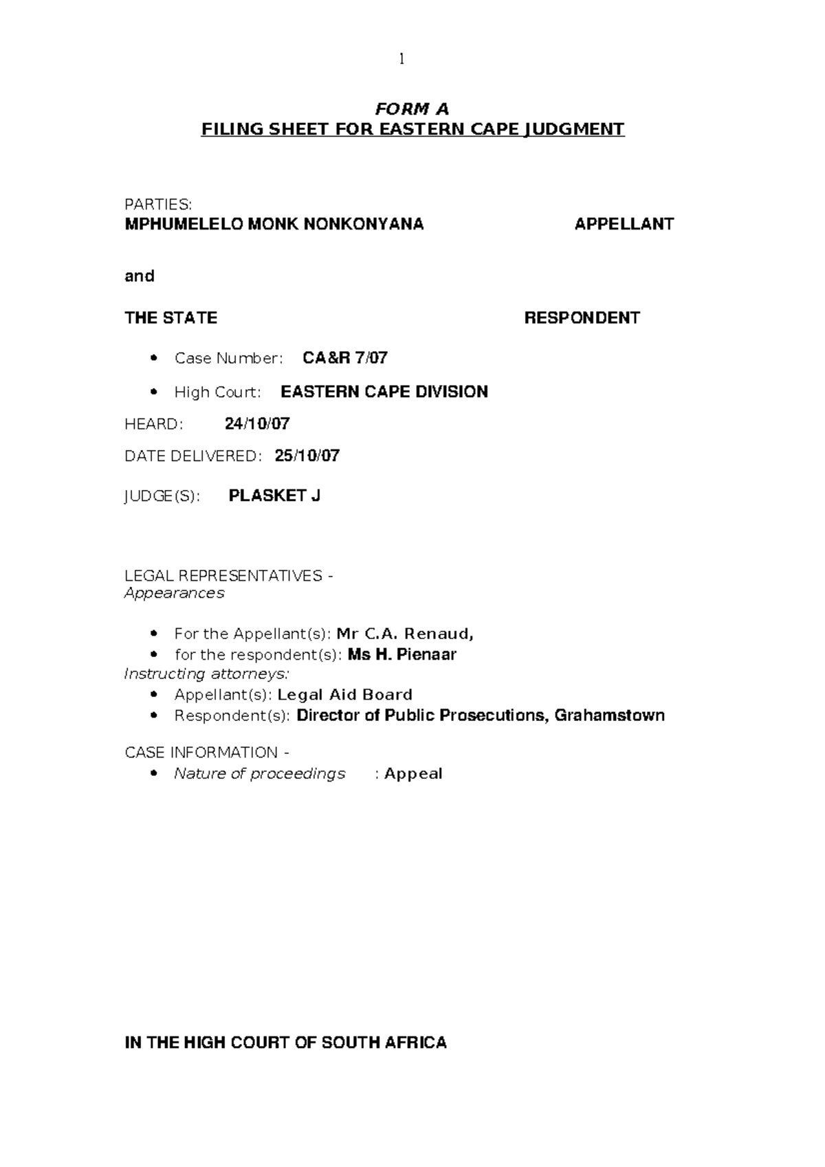 S v Nonkonyana - case laws - FORM A FILING SHEET FOR EASTERN CAPE ...
