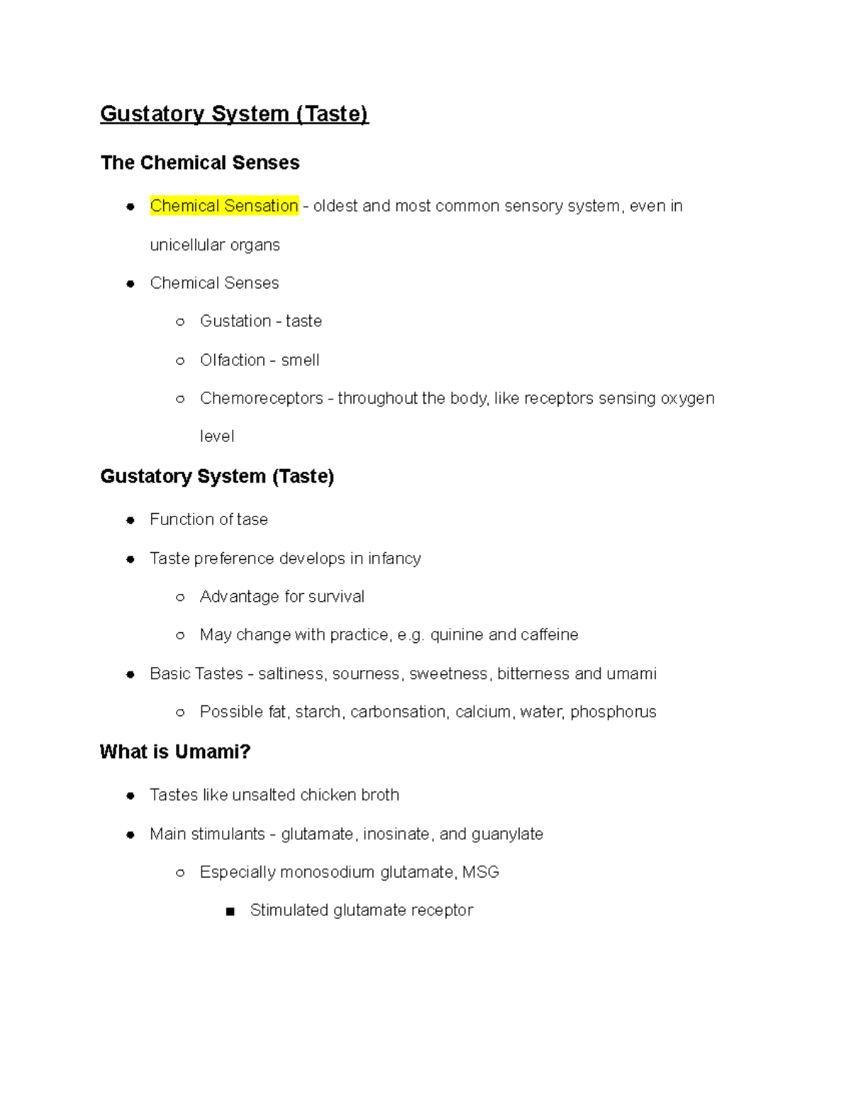 Notes on Lesson Eleven Chemical Smells - Gustatory System (Taste) The ...