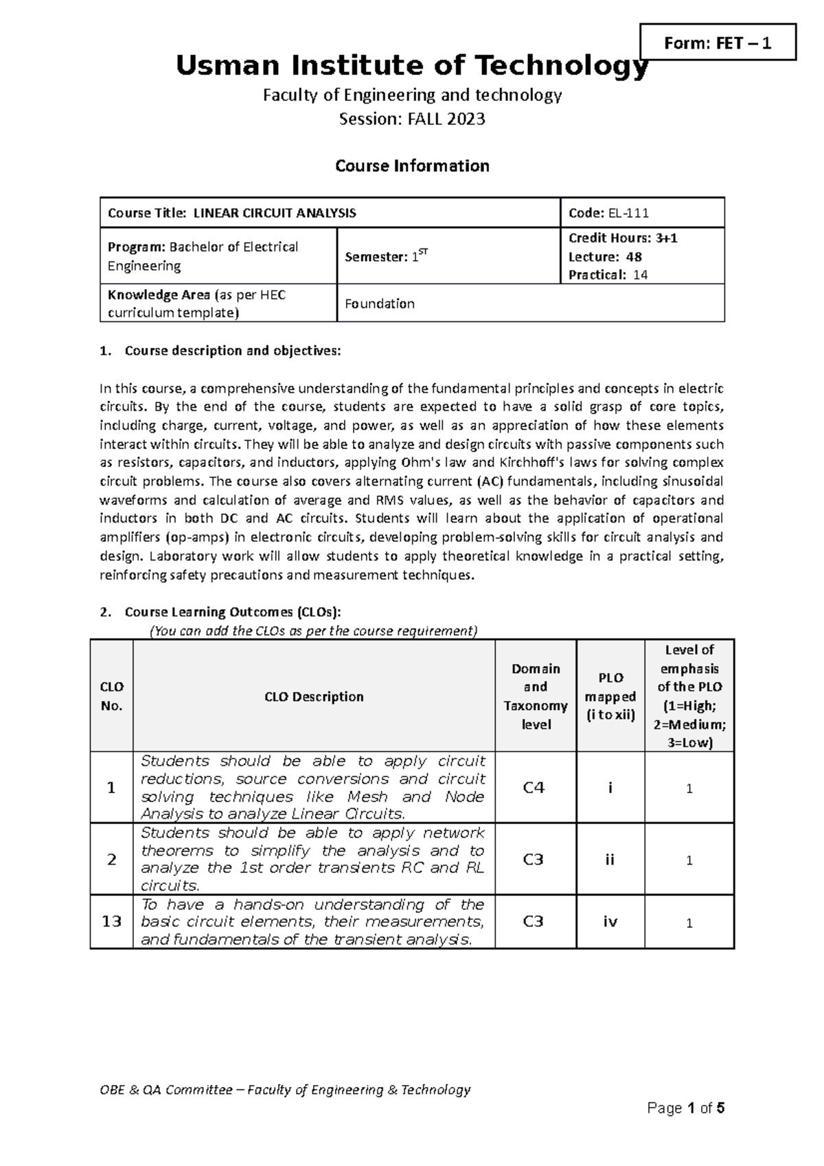 Course Sheet LCA EL-111 - Usman Institute of Technology Faculty of Engineering and technology ...