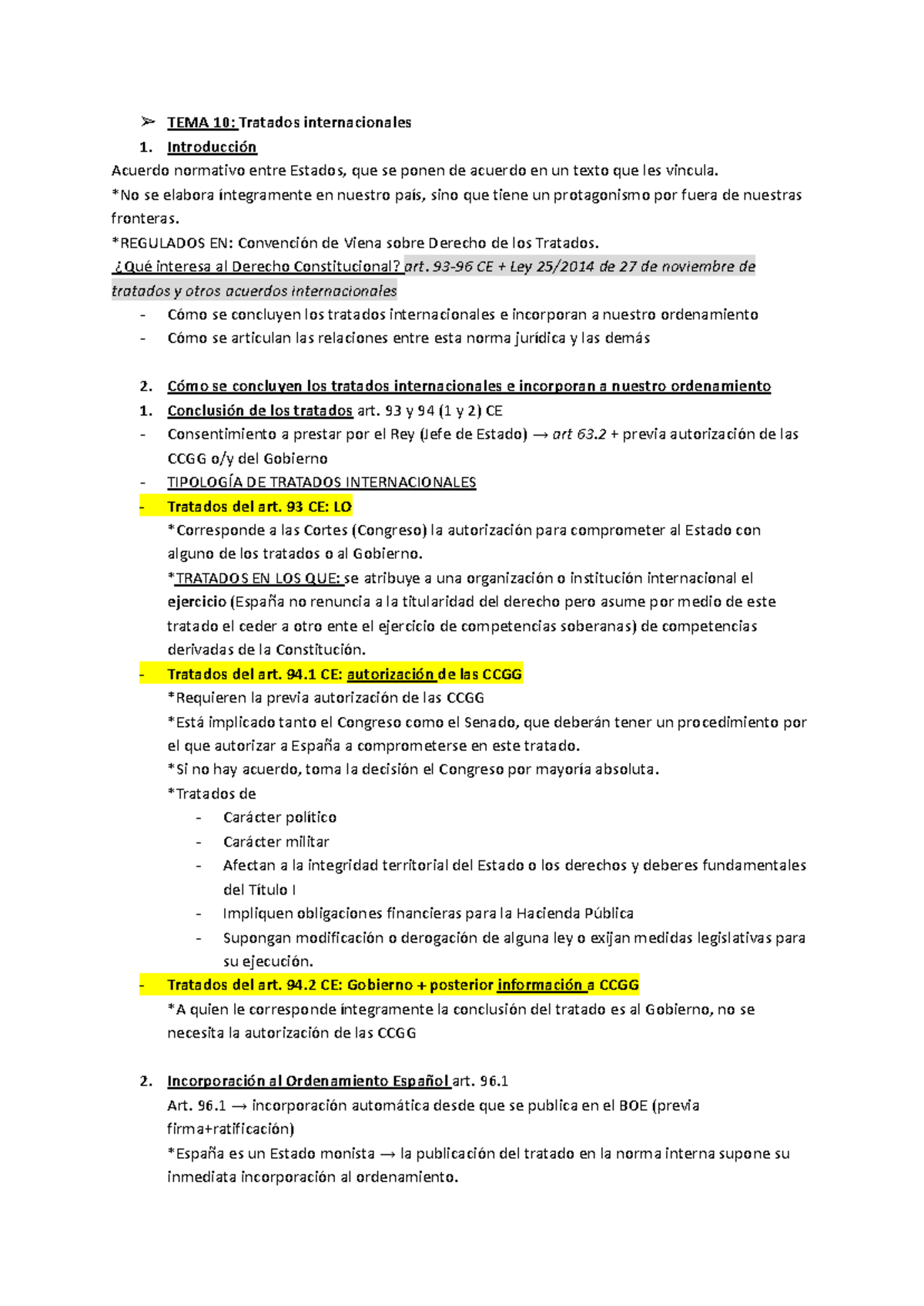 Consti TEMA 10 clase - TEMA 10: Tratados internacionales Introducción Acuerdo normativo entre ...