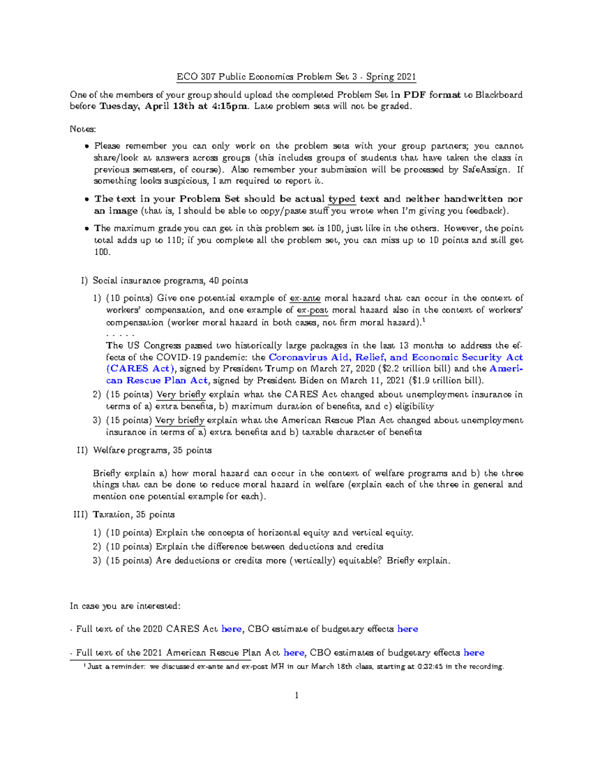 Problem Set 3 Public Economics Eco 307 Public Economics Problem Set 3