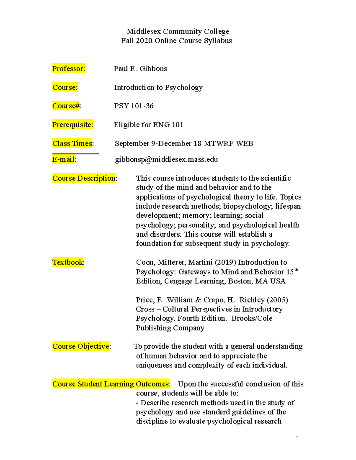 Intro to psy syllabus 36 online - Middlesex Community College Fall 2020 ...