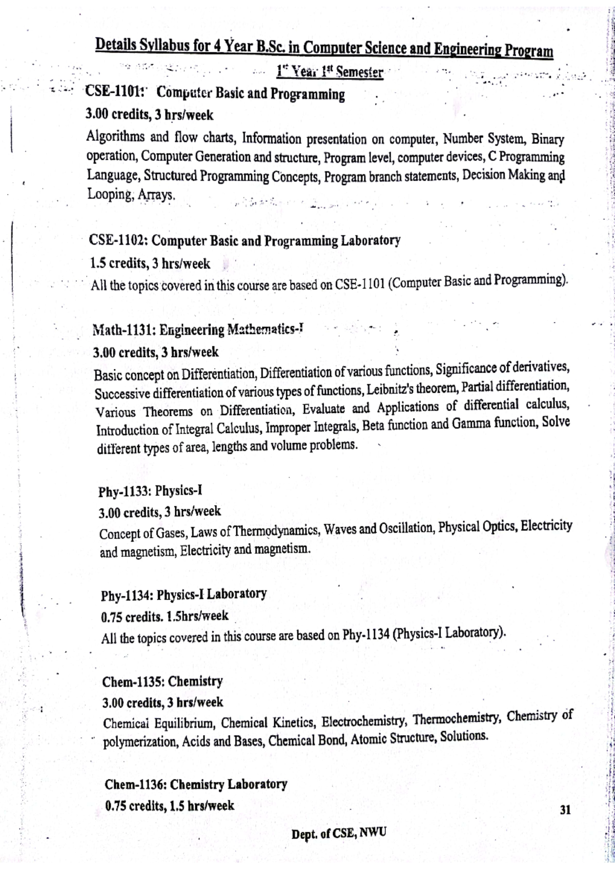 Fall 24 First Semester Syllabus - Details Syllabus for 4 Year B. in ...