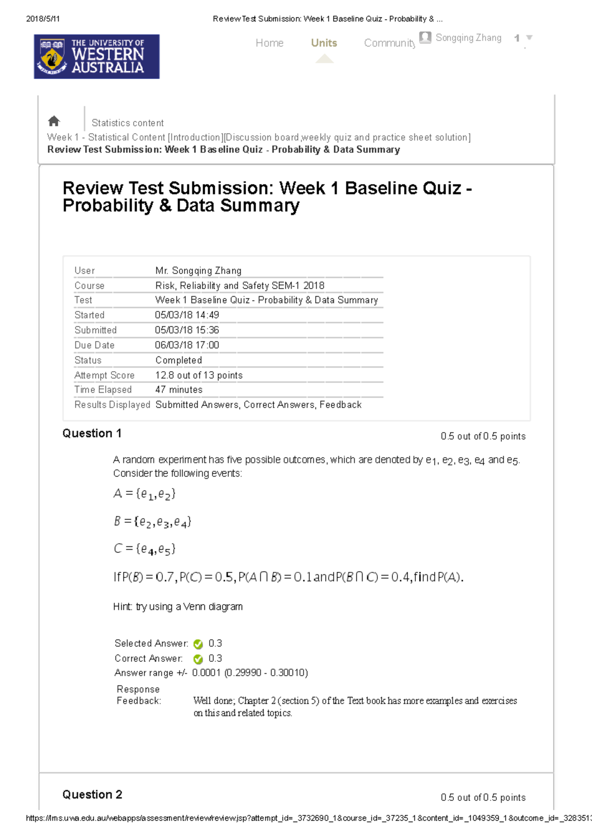 Week 1 Baseline Quiz 3 - quiz week 1 - Statistics content Week 1 ...