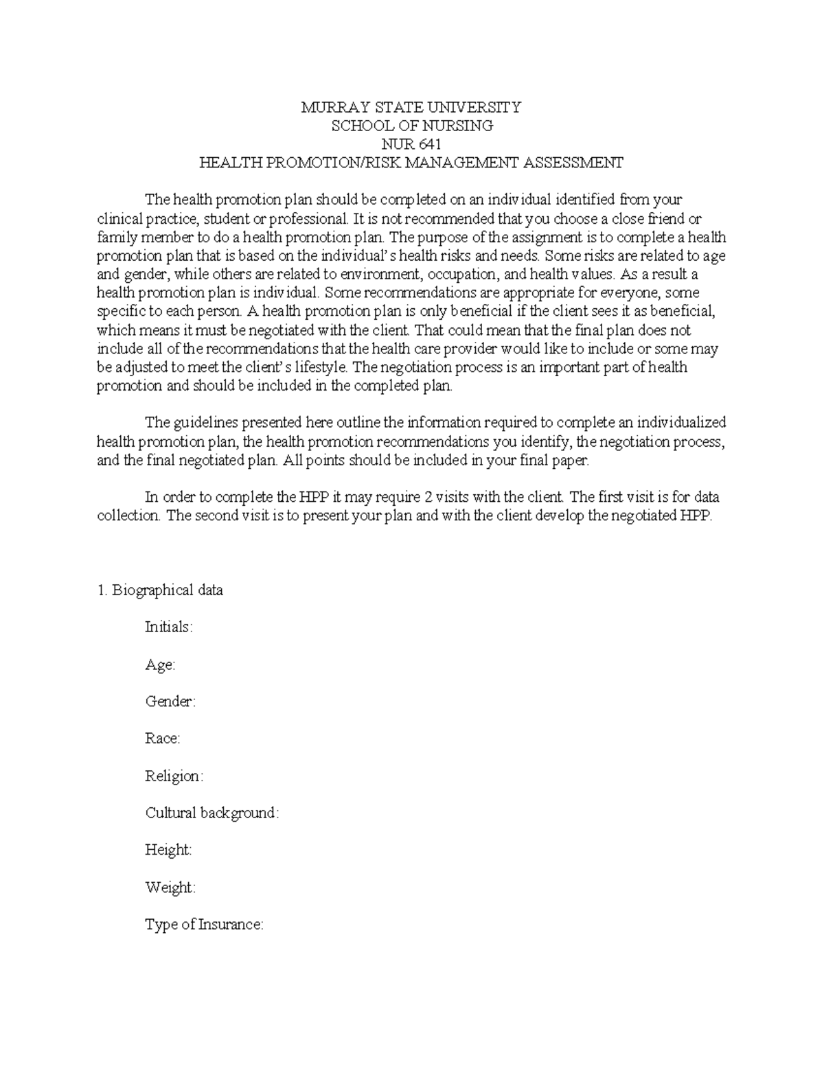 NUR 641 Health Promotion PLAN 2013 - MURRAY STATE UNIVERSITY SCHOOL OF ...