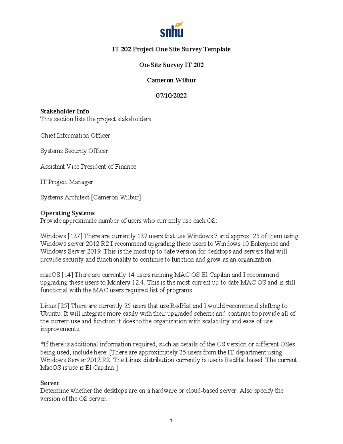 IT 202 Site Survey - IT 202 Project One Site Survey Template On-Site ...