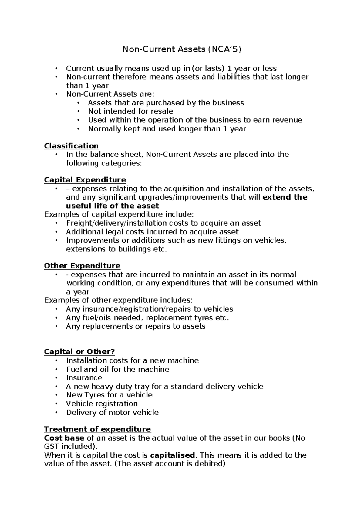 Accounting Unit 3 - ACCT - Non-Current Assets (NCA’S) Current usually ...